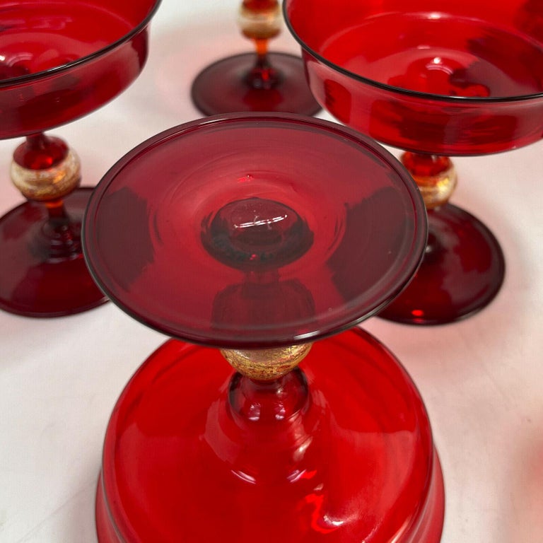 9 Venetian Cranberry Red and Gold Fleck Art Glass Champagne Goblets ...
