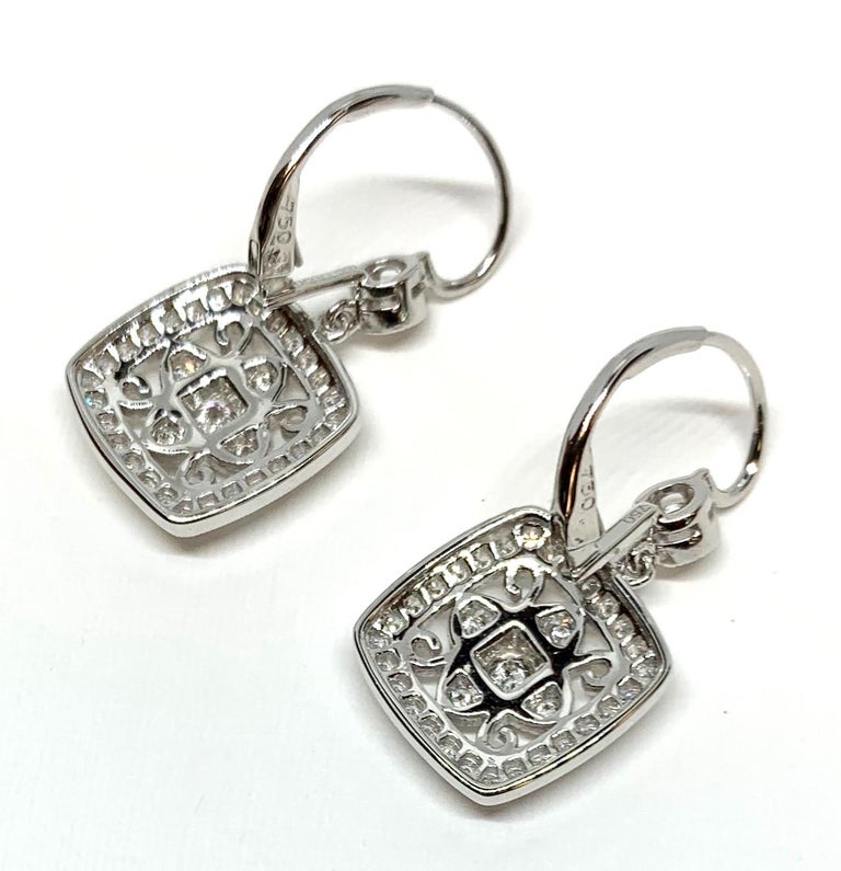 .90 ct. t.w. Diamond Filigree, 18k White Gold Lever Back Square Dangle ...