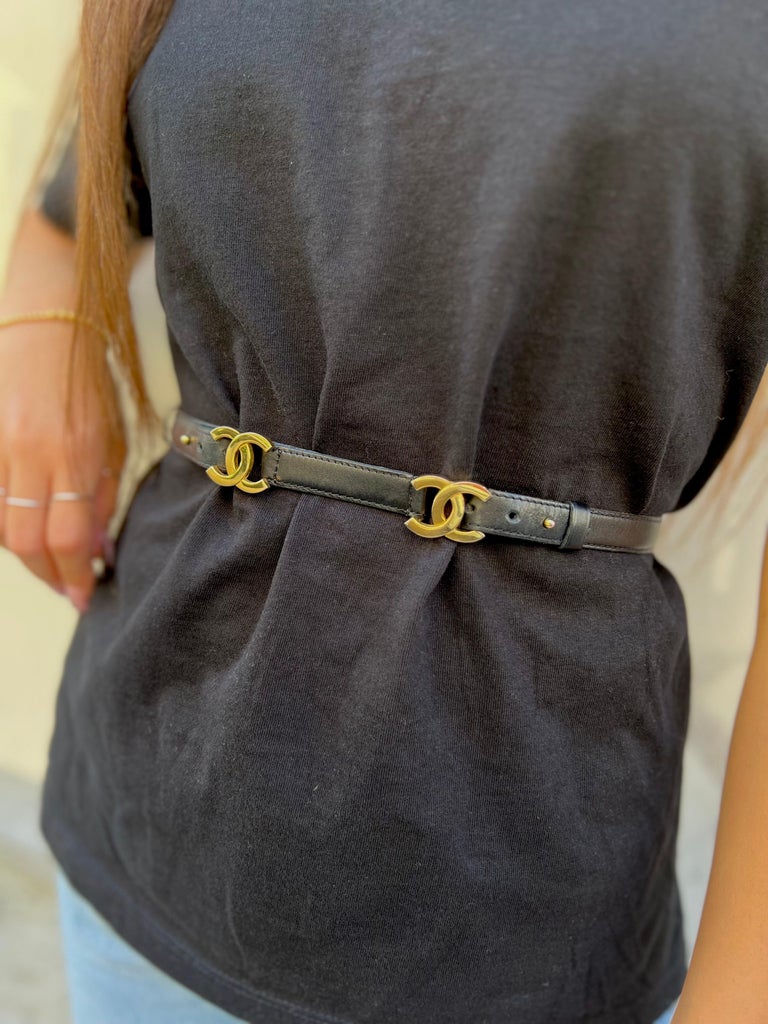 90' Chanel Belt Black Leather For Sale at 1stDibs