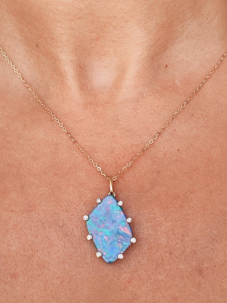 9.03ct Australian Doublet Opal with Diamond Halo 14K Gold Pendant For ...