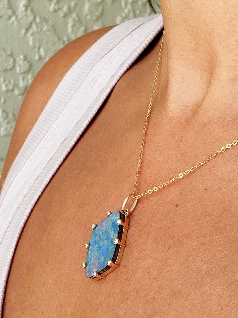 9.03ct Australian Doublet Opal with Diamond Halo 14K Gold Pendant For ...