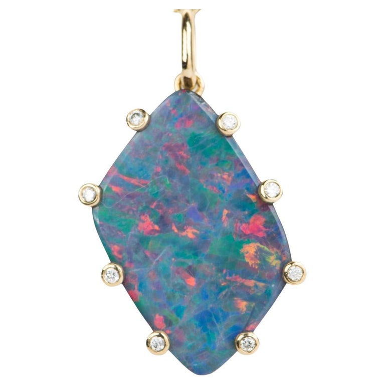 9.03ct Australian Doublet Opal with Diamond Halo 14K Gold Pendant For ...