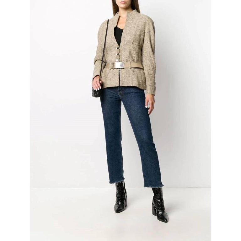 90s Chanel Vintage beige bouclè wool fitted jacket with logoed belt at ...