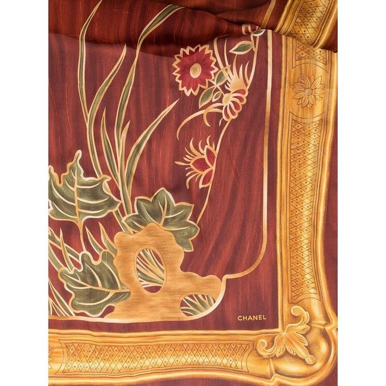 90s Chanel Vintage burgundy and gold silk logoed scarf For Sale at 1stDibs