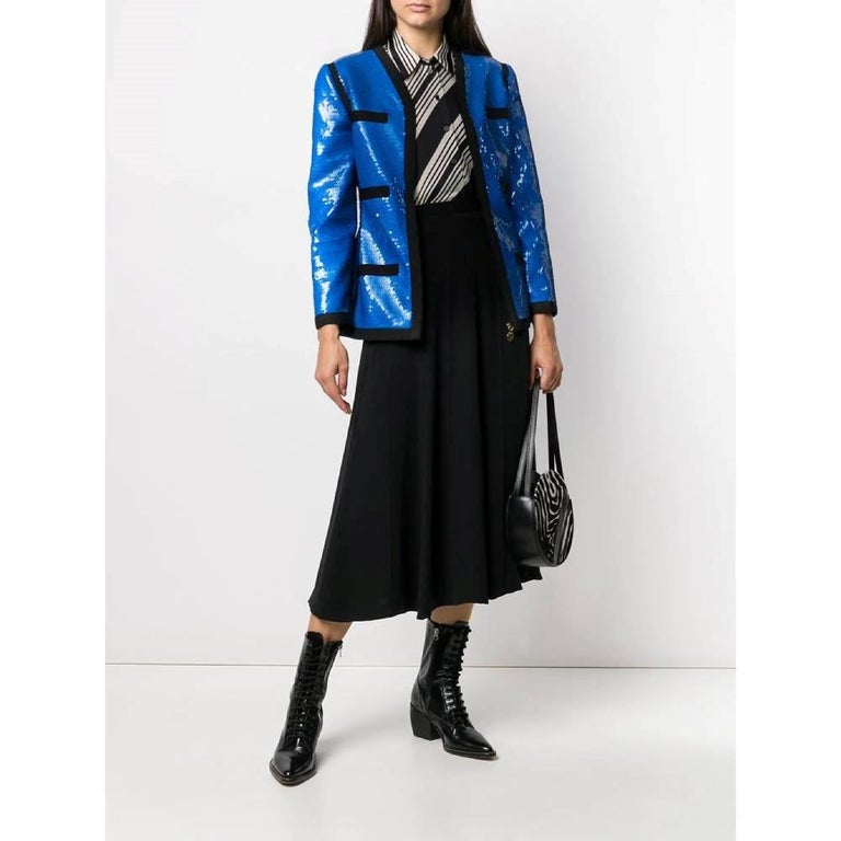 90s Chanel Vintage electric blue sequins logoed jacket For Sale at 1stDibs