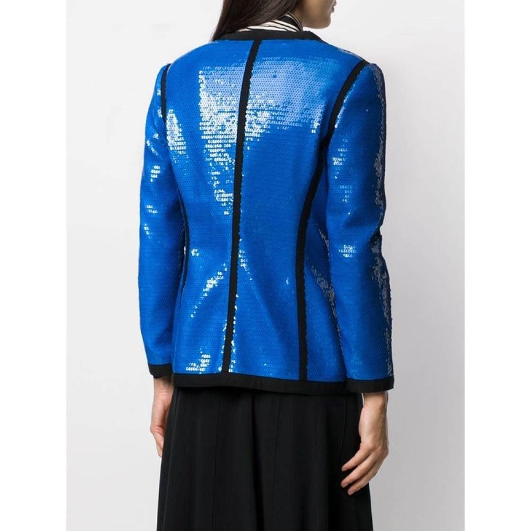 90s Chanel Vintage electric blue sequins logoed jacket at 1stDibs