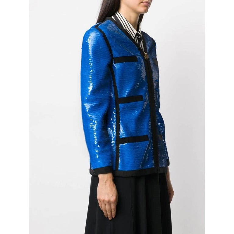 90s Chanel Vintage electric blue sequins logoed jacket For Sale at 1stDibs