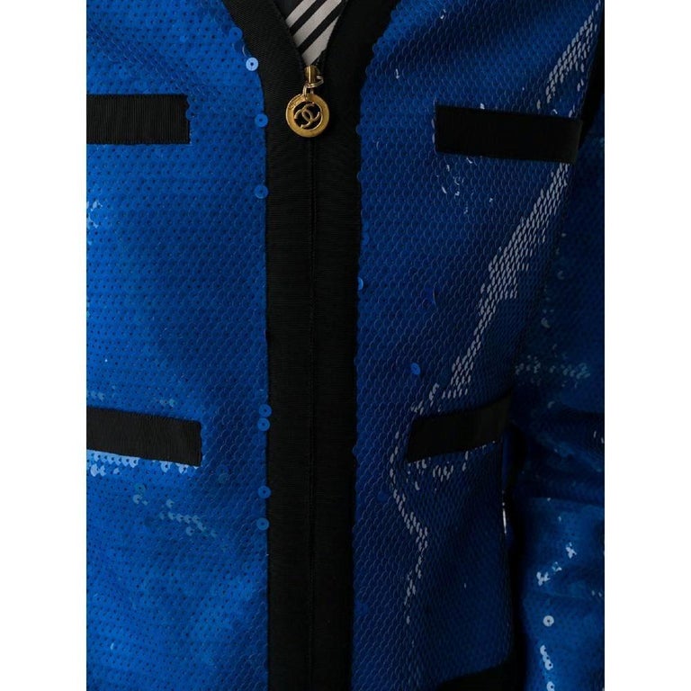 90s Chanel Vintage electric blue sequins logoed jacket at 1stDibs