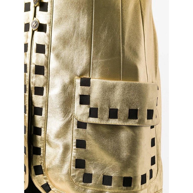 90s Chanel Vintage gold-tone leather jacket hemmed with black details ...