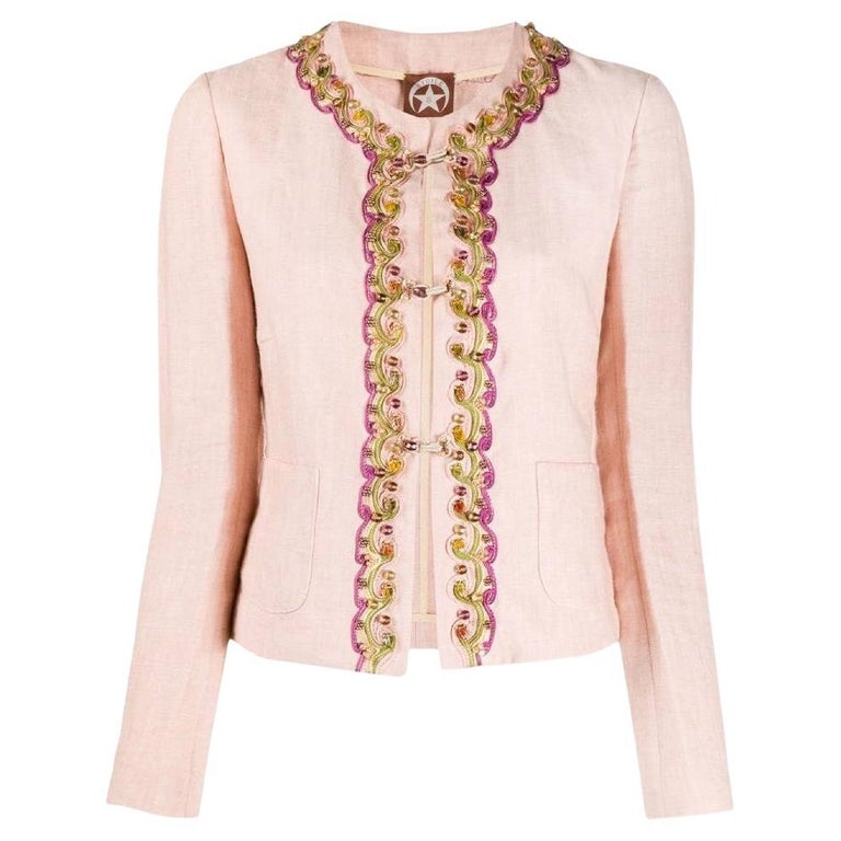 90s Etoile Vintage pink linen embroidered jacket For Sale at 1stDibs