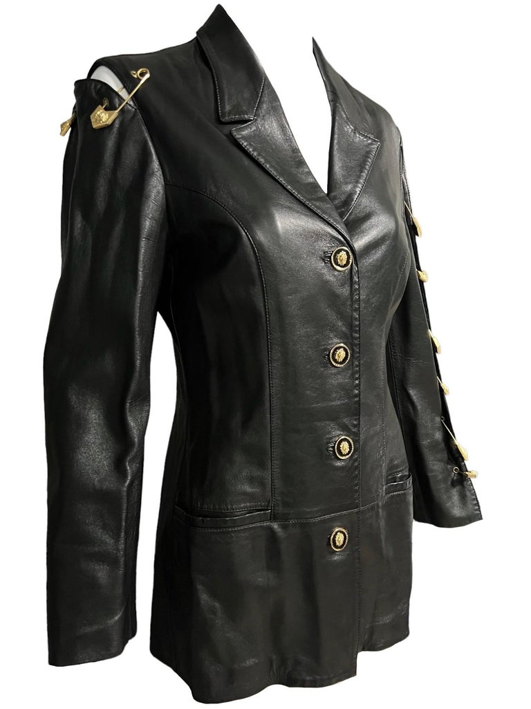Gianni Versace Versus 90''s Vintage Black Leather Safety Pin Jacket For Sale at 1stDibs