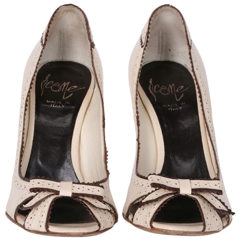 90s Icone Vintage ivory open-toe pumps with brown and pierced details ...
