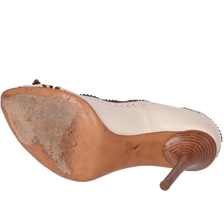 90s Icone Vintage ivory open-toe pumps with brown and pierced details ...