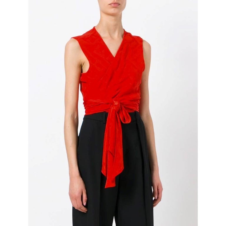 90s Jean-Louis Scherrer Vintage red silk top with jacquard logo For ...