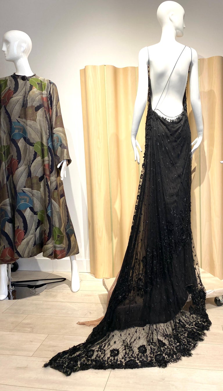 90s Richard Tyler Couture Black Lace V Neck Gown For Sale at 1stDibs