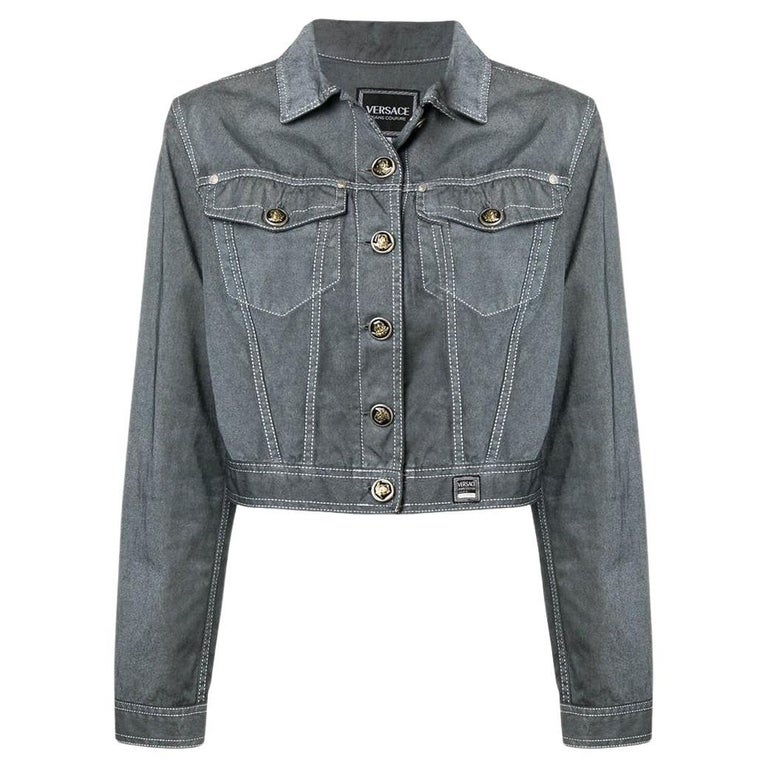 90s Versace Vintage metallic grey denim jacket For Sale at 1stDibs