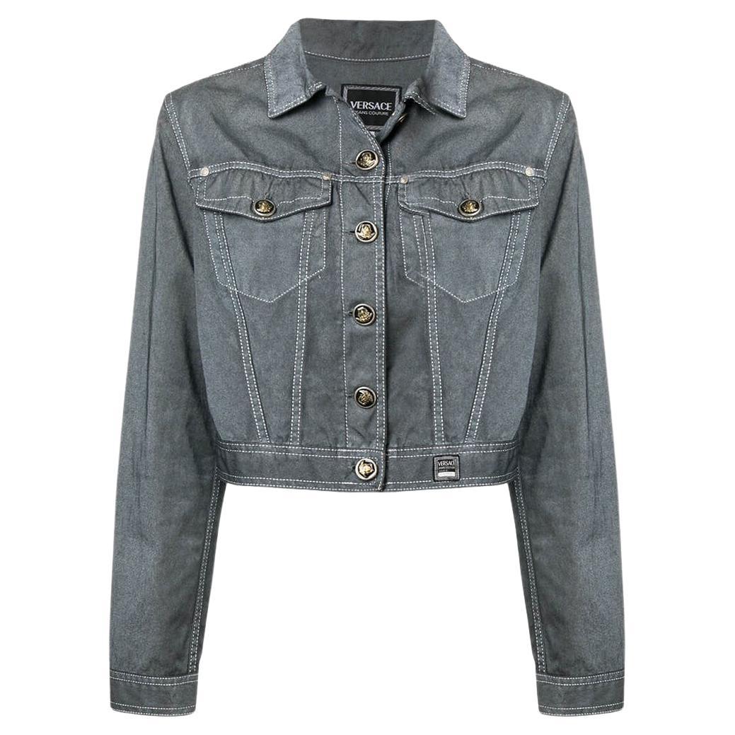 90s Versace Vintage metallic grey denim jacket For Sale at 1stDibs