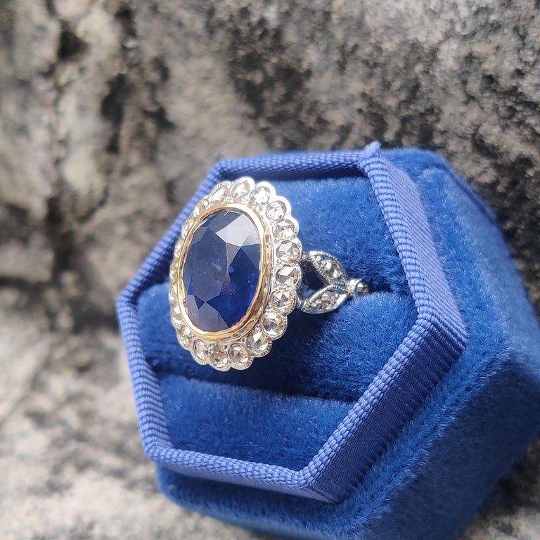 9.13 Carat Victorian Inspired Blue Sapphire Ring with Rose Cut Diamonds ...