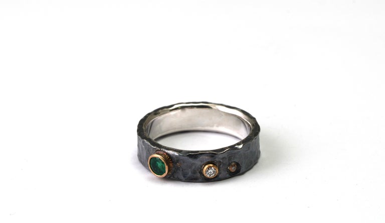 925 Oxidized Silver 22 Karat Yellow Gold Emerald Diamond Ring For Sale ...