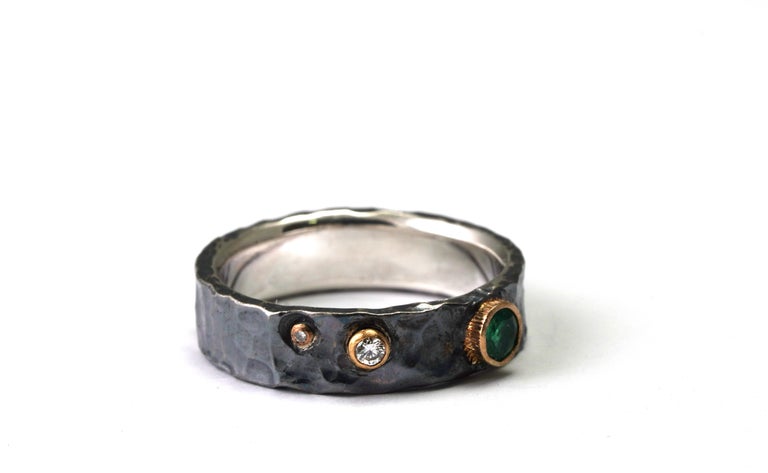 925 Oxidized Silver 22 Karat Yellow Gold Emerald Diamond Ring For Sale ...