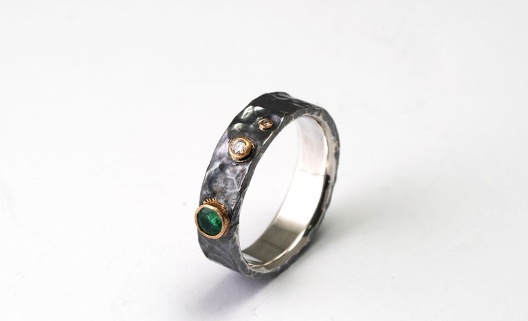 925 Oxidized Silver 22 Karat Yellow Gold Emerald Diamond Ring For Sale ...