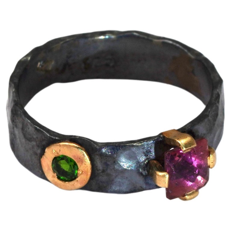 925 Oxidized Silver Ring 18 Karat Gold Tourmaline Rubellite Green ...