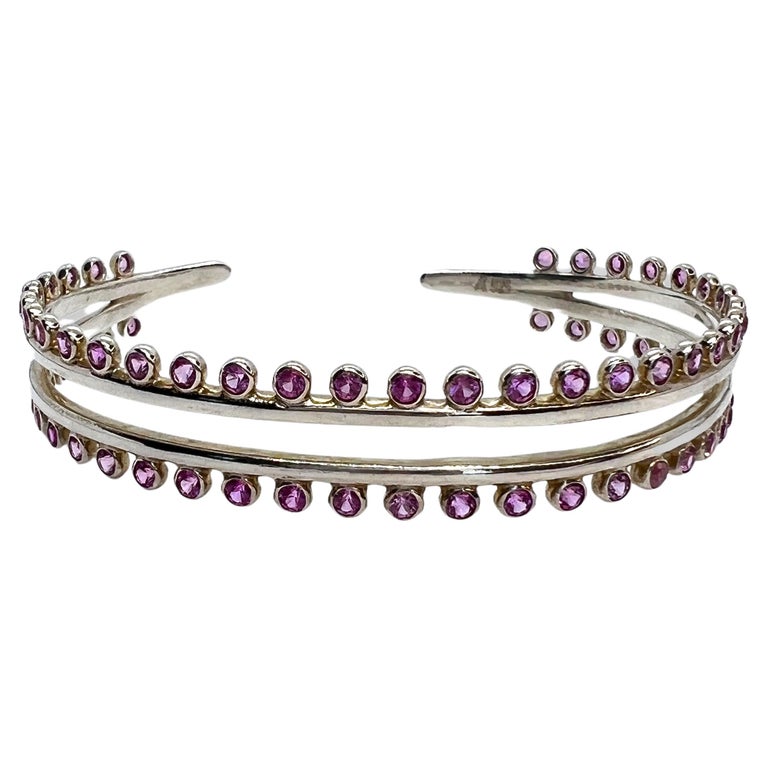 925 Silver and Pink Sapphire Double Band Split Cuff Bracelet For Sale ...
