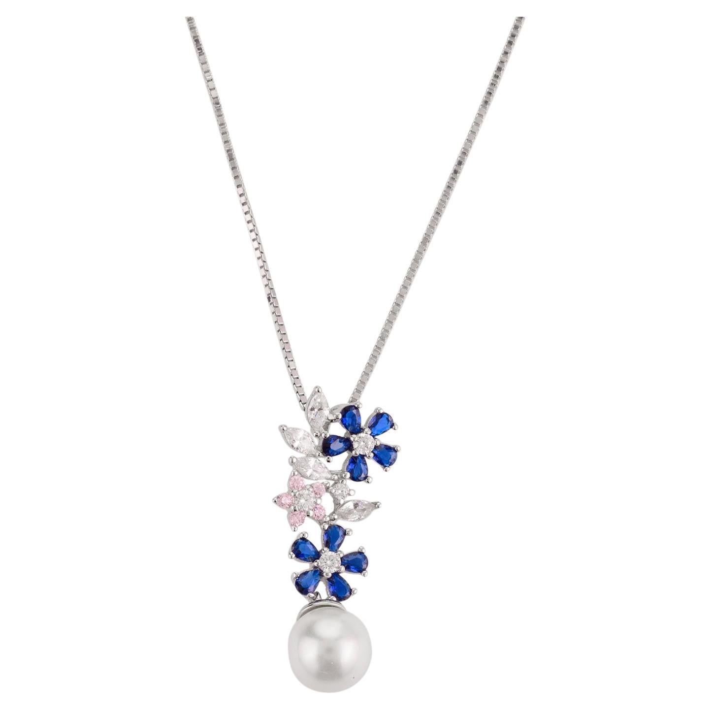 925 Silver Blue CZ Drop Pearl Chain Pendant Necklace for Party Wear ...