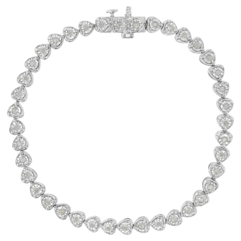 .925 Sterling Silver 1.0 Carat Miracle Set Diamond Heart-Link Tennis Bracelet For Sale at 1stDibs