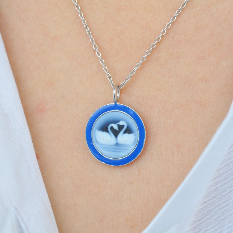 925 Sterling Silver Blue Enamel Agate Swan Cameo Carving Pendant For ...