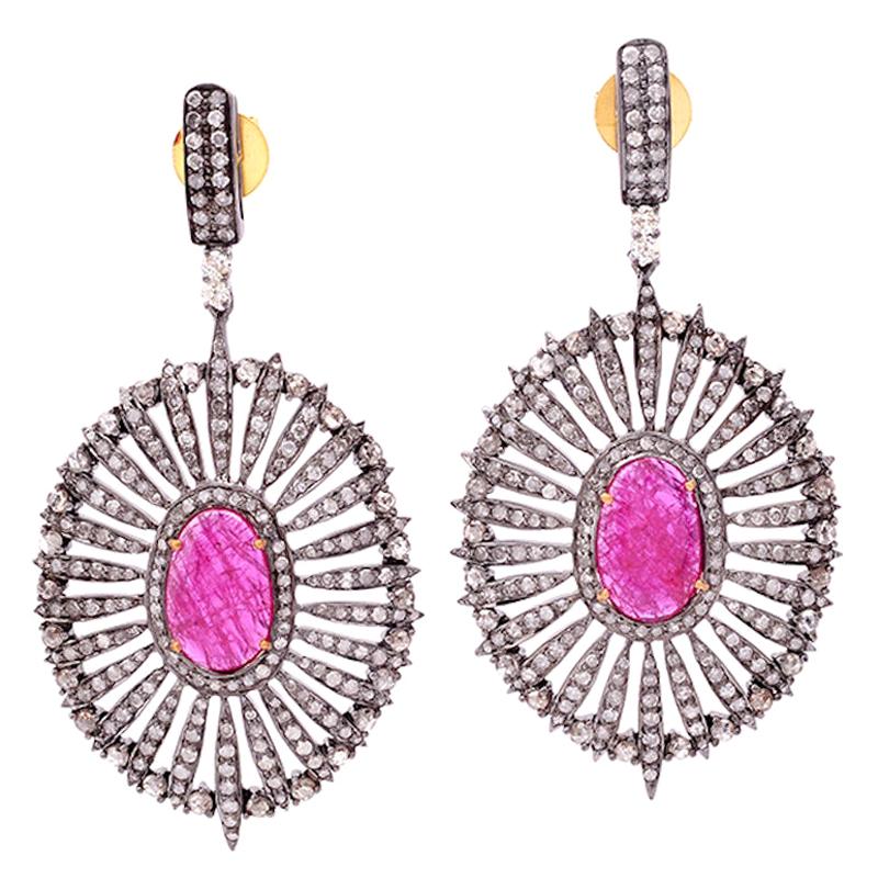 Amazing Ruby Diamond Oxidized Sterling Silver Dangle Earrings For Sale ...