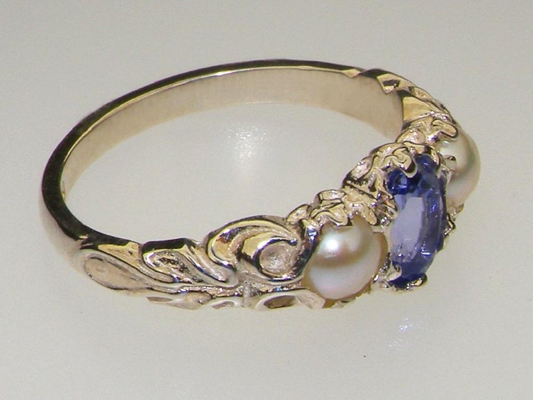 Customizable 925 Sterling Silver Natural Tanzanite and Pearl Womens Trilogy Ring Customizable ...