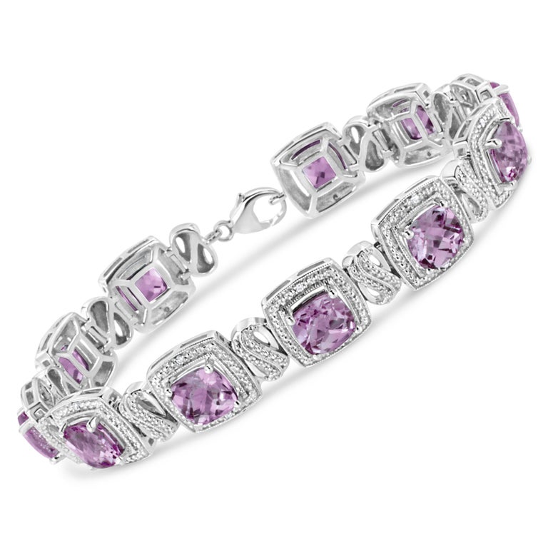 .925 Sterling Silver Purple Amethyst and 1/10 Carat Diamond Tennis Bracelet For Sale at 1stDibs