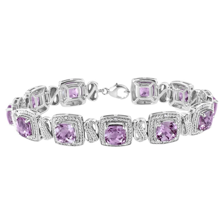 .925 Sterling Silver Purple Amethyst and 1/10 Carat Diamond Tennis Bracelet For Sale at 1stDibs