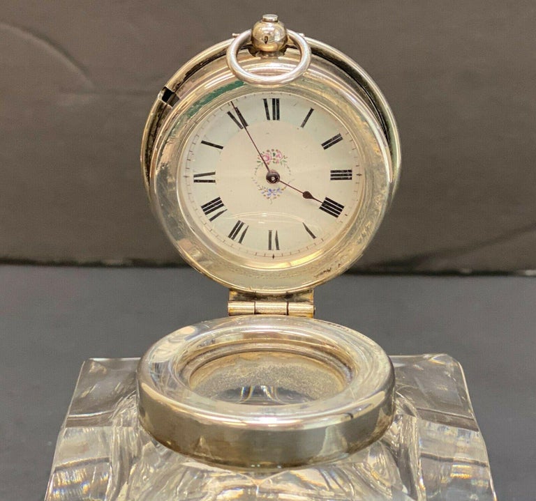 935 Sterling Silver Modernist Cut Glass Pocket-Watch Mounted Inkwell. H ...