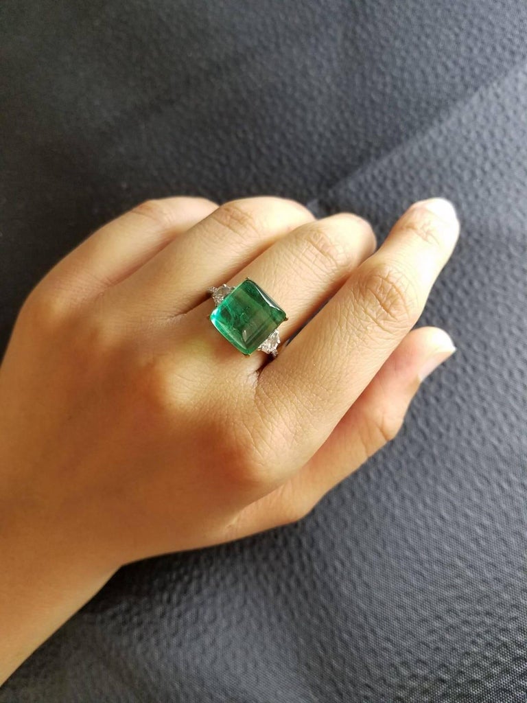 9.43 Carat Sugarloaf Shape Emerald and Diamond Three-Stone Ring at ...
