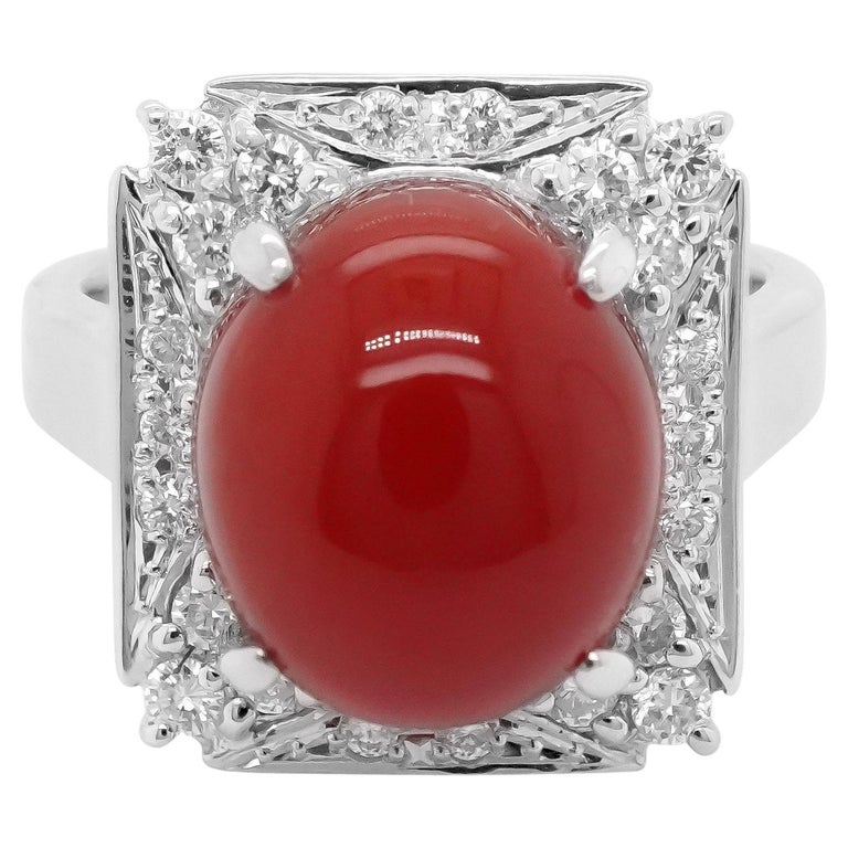 9.45 Carat Japanese Red Coral White Diamond Solitaire PT 900 Ring at ...