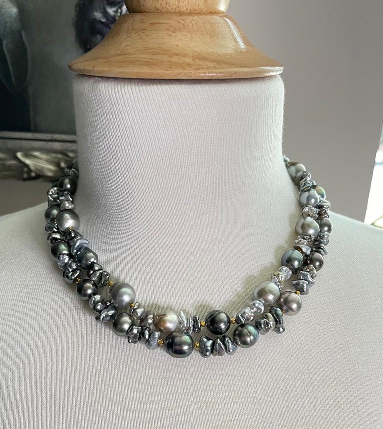 Black Baroque and Keshi Pearl Yellow Gold Necklace For Sale at 1stDibs