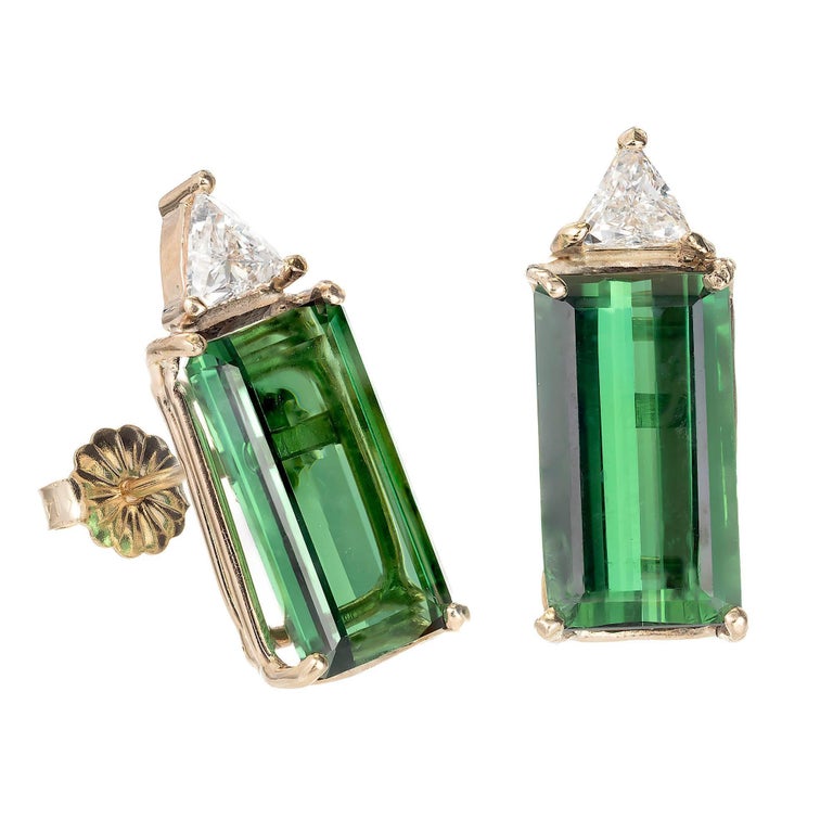 9.50 Carat Emerald Step Cut Green Tourmaline Diamond Gold Earrings at ...