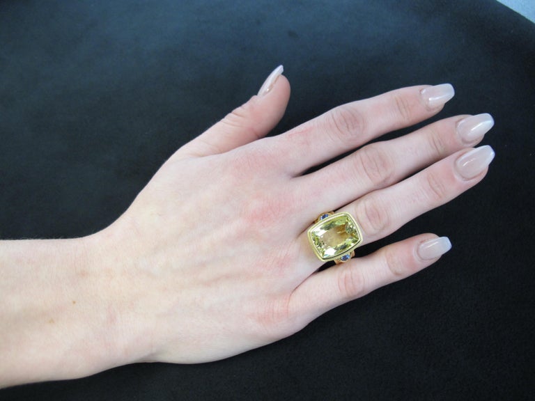 9.55 Carat Golden Beryl, Blue Sapphire, Yellow Gold Engraved Bezel Band ...