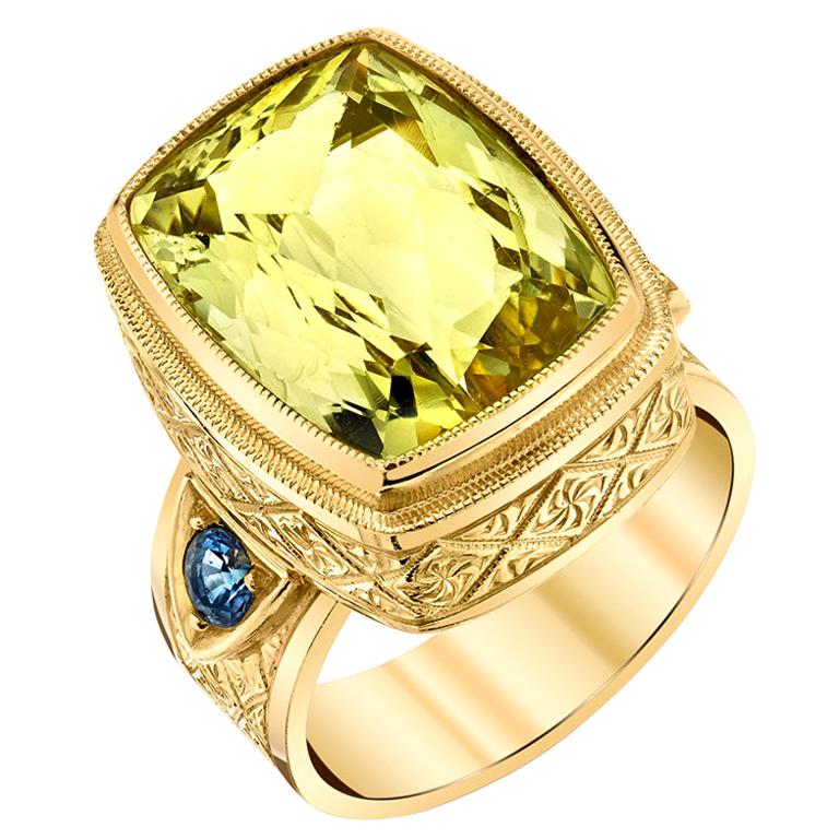 9.55 Carat Golden Beryl, Blue Sapphire, Yellow Gold Engraved Bezel Band ...