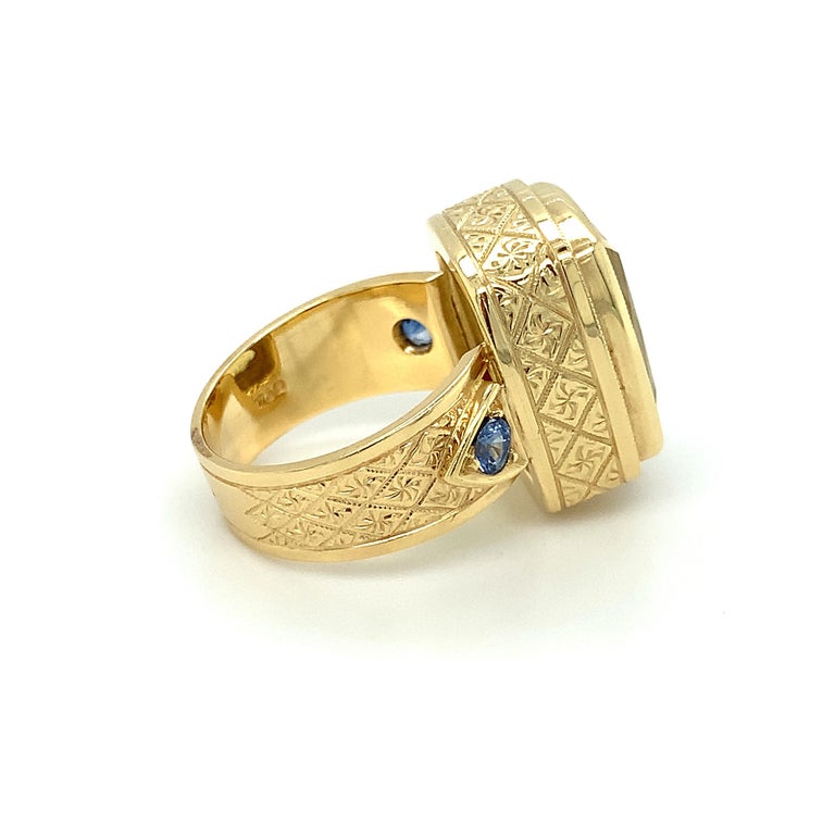 9.55 Carat Golden Beryl, Blue Sapphire, Yellow Gold Engraved Bezel Band ...