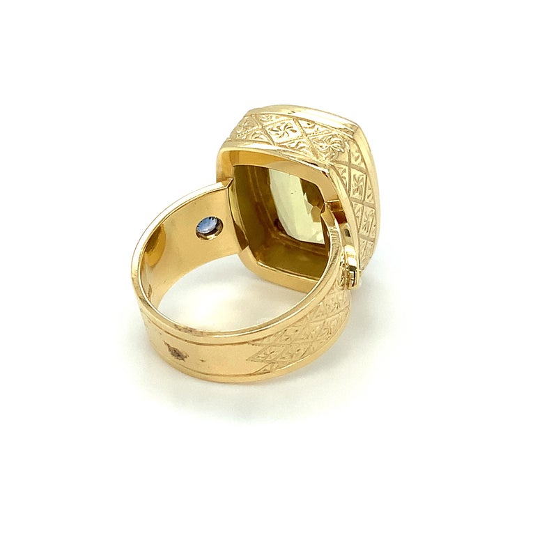 9.55 Carat Golden Beryl, Blue Sapphire, Yellow Gold Engraved Bezel Band ...