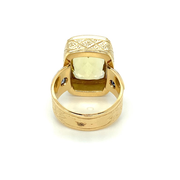 9.55 Carat Golden Beryl, Blue Sapphire, Yellow Gold Engraved Bezel Band ...
