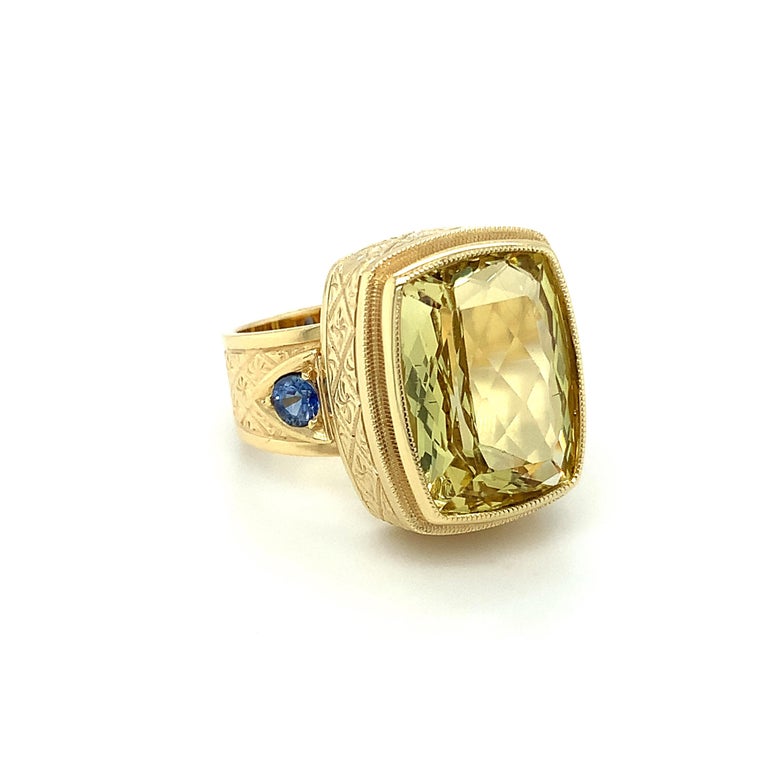 9.55 Carat Golden Beryl, Blue Sapphire, Yellow Gold Engraved Bezel Band ...