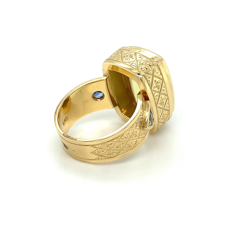 9.55 Carat Golden Beryl, Blue Sapphire, Yellow Gold Engraved Bezel Band ...