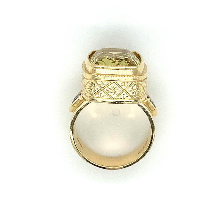 9.55 Carat Golden Beryl, Blue Sapphire, Yellow Gold Engraved Bezel Band ...