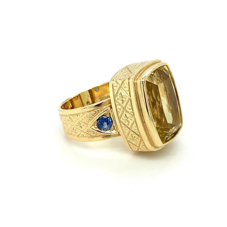 9.55 Carat Golden Beryl, Blue Sapphire, Yellow Gold Engraved Bezel Band ...