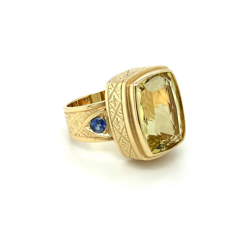 9.55 Carat Golden Beryl, Blue Sapphire, Yellow Gold Engraved Bezel Band ...