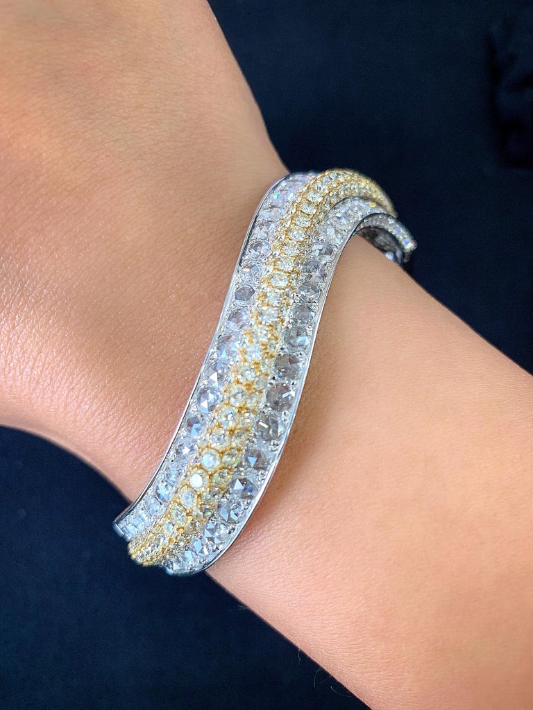 9.68 Carat White Yellow Diamond 18 Karat Gold Wave Cuff Bangle Bracelet ...